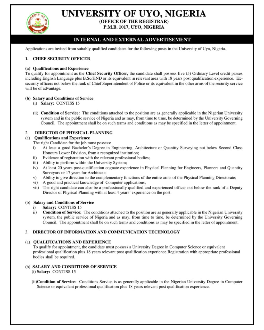 INTERNAL AND EXTERNAL ADVERTISEMENT – University Of Uyo