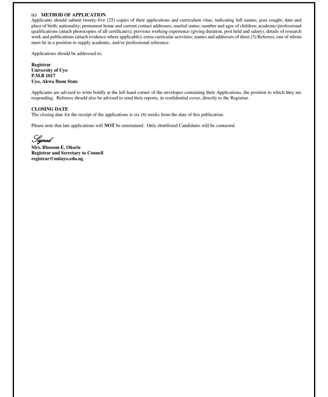 INTERNAL AND EXTERNAL ADVERTISEMENT – University Of Uyo